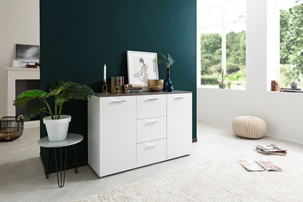 Bahut 2 portes 3 tiroirs Magic Blanc brillant/béton foncé